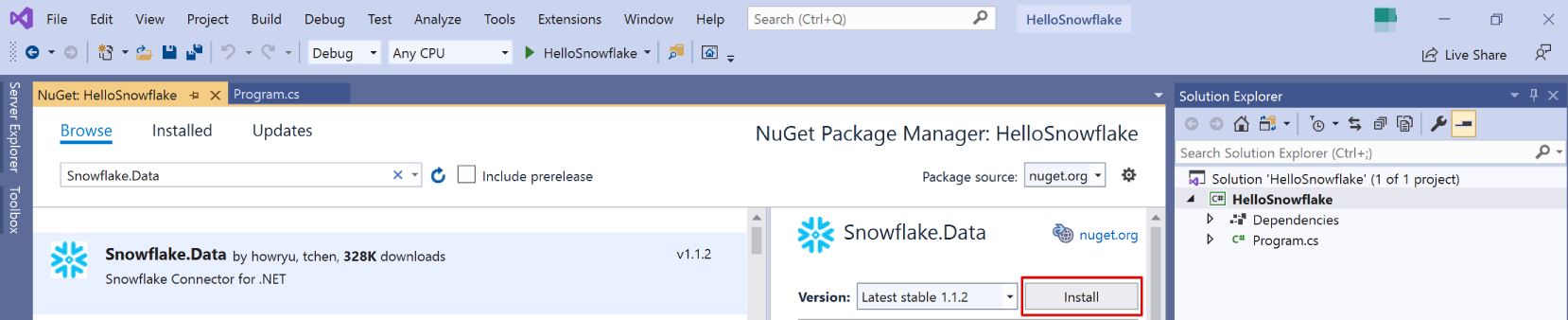 Connect to Snowflake from Visual Studio using the .NET Connector