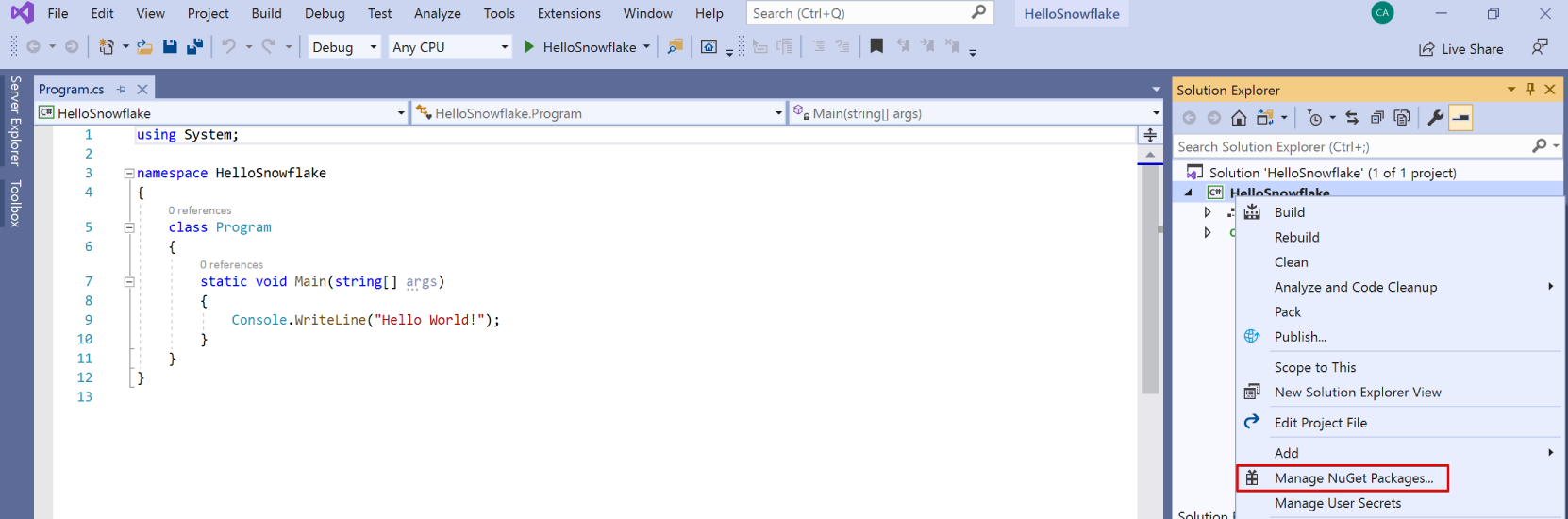 Connect to Snowflake from Visual Studio using the .NET Connector