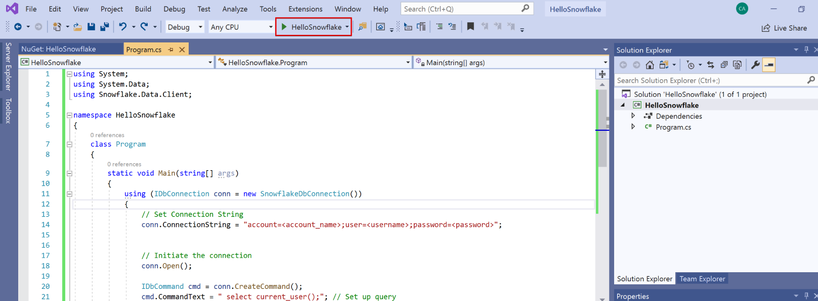 Connect to Snowflake from Visual Studio using the .NET Connector