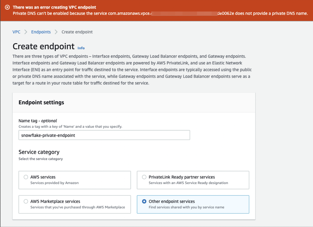 Unable to create a Private Endpoint to Snowflake in AWS: Private DNS ...