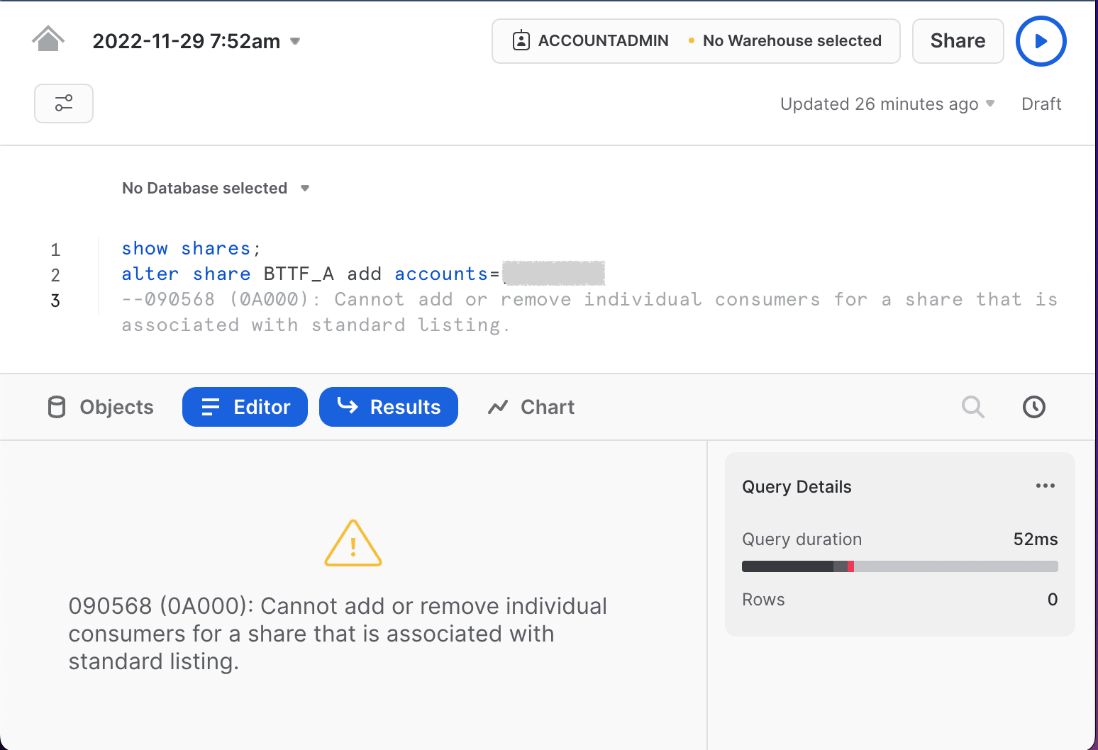 Cannot add customer account to share after associated listing is deleted
