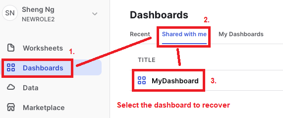 How to recover dashboard from a dropped user?