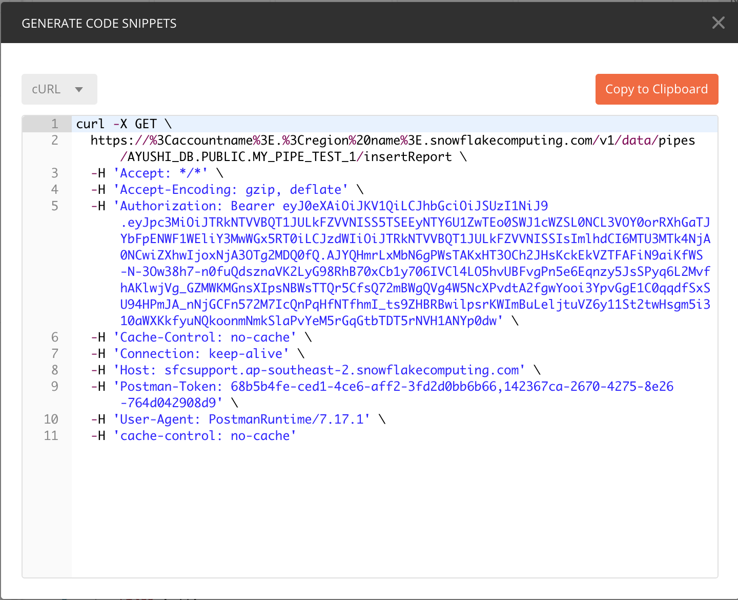 Connect to Snowpipe Rest API by using JWT Token via Postman