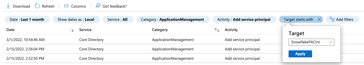 Identify Snowflake’s Service Principal in Azure AD