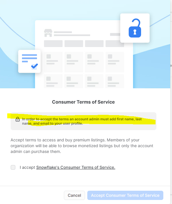 Unable to accept marketplace terms of service due to missing user ...