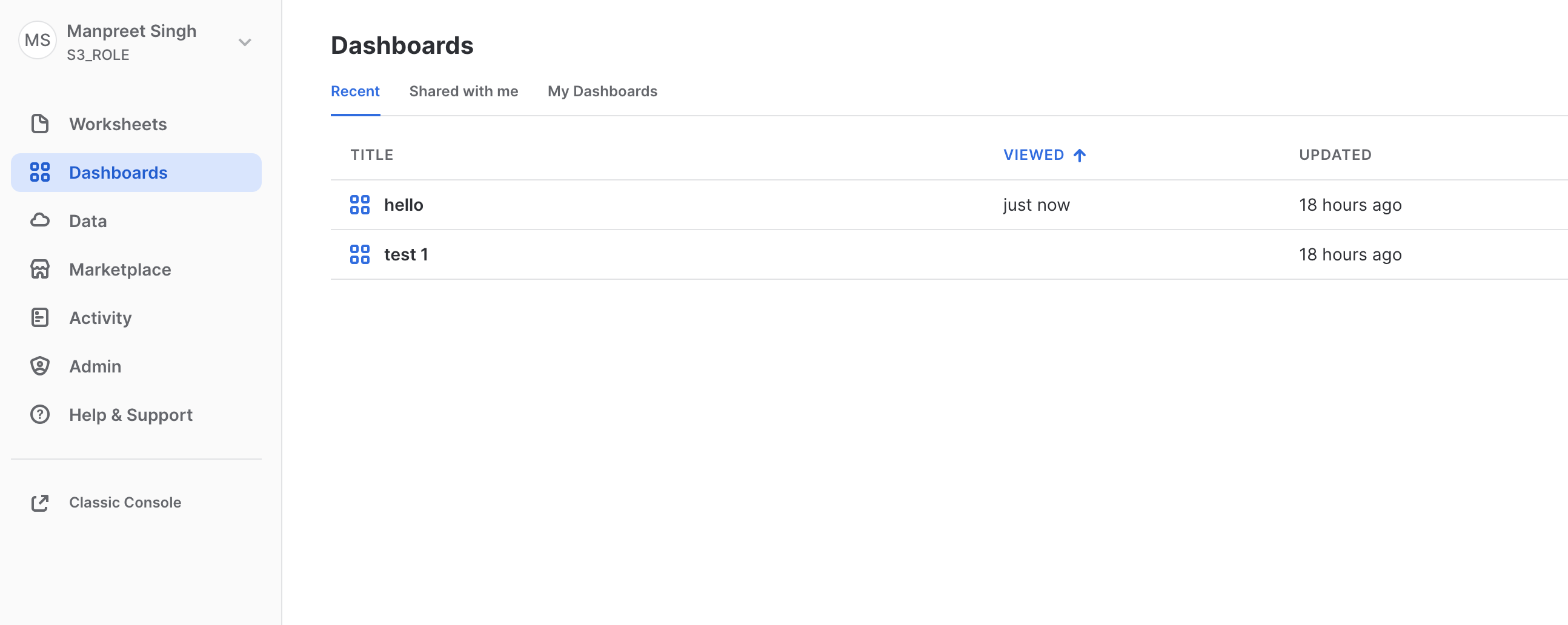 Moving Tile from the Dashboards to the worksheets section in Snowsight