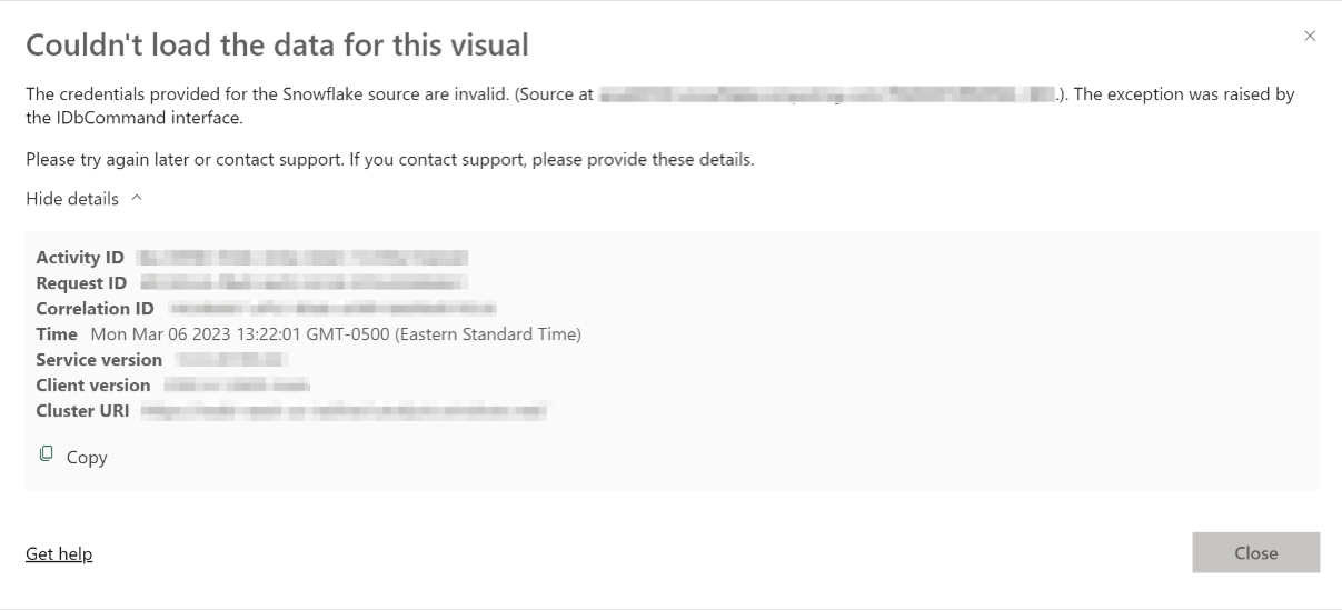 PowerBI Service Error: Couldn't load the data for this visual; The credentials provided for the ...