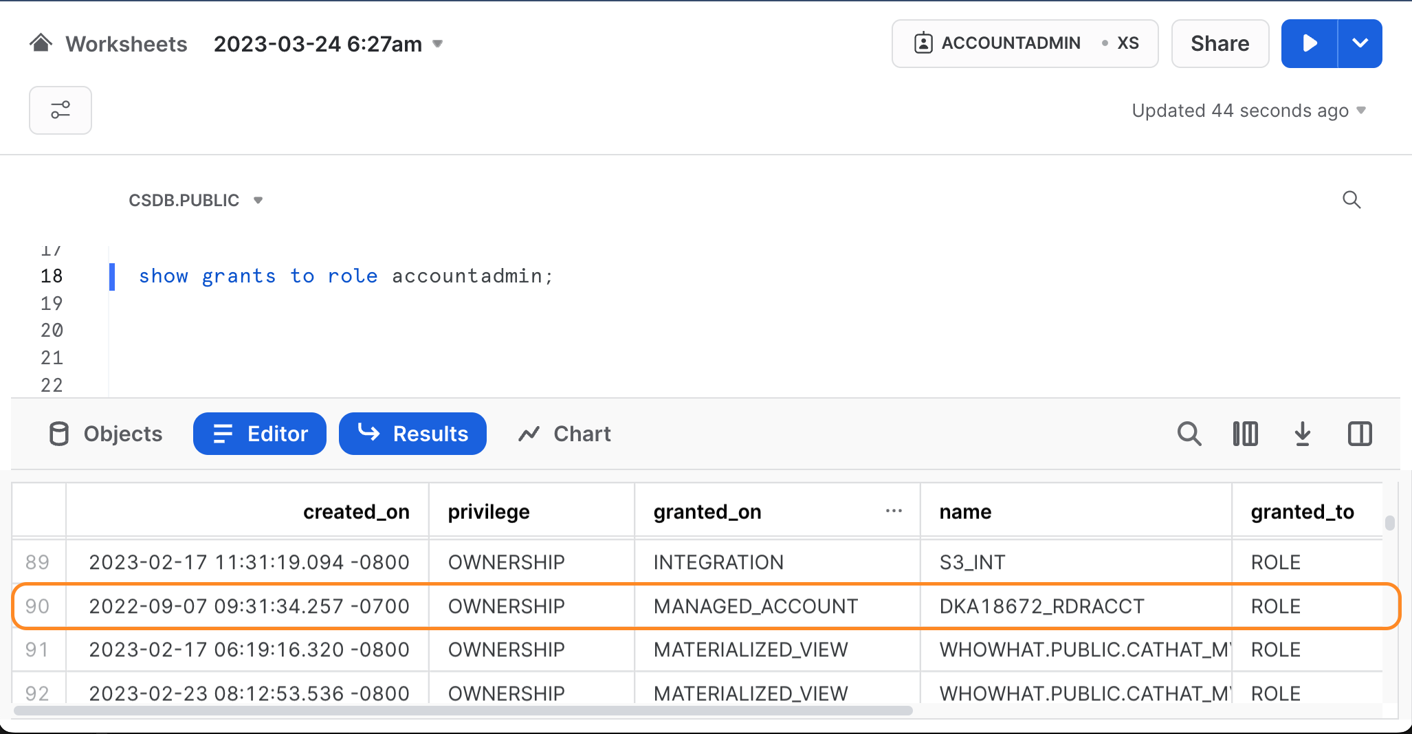 Error:SQL access control error: Insufficient privileges to operate on managed_account