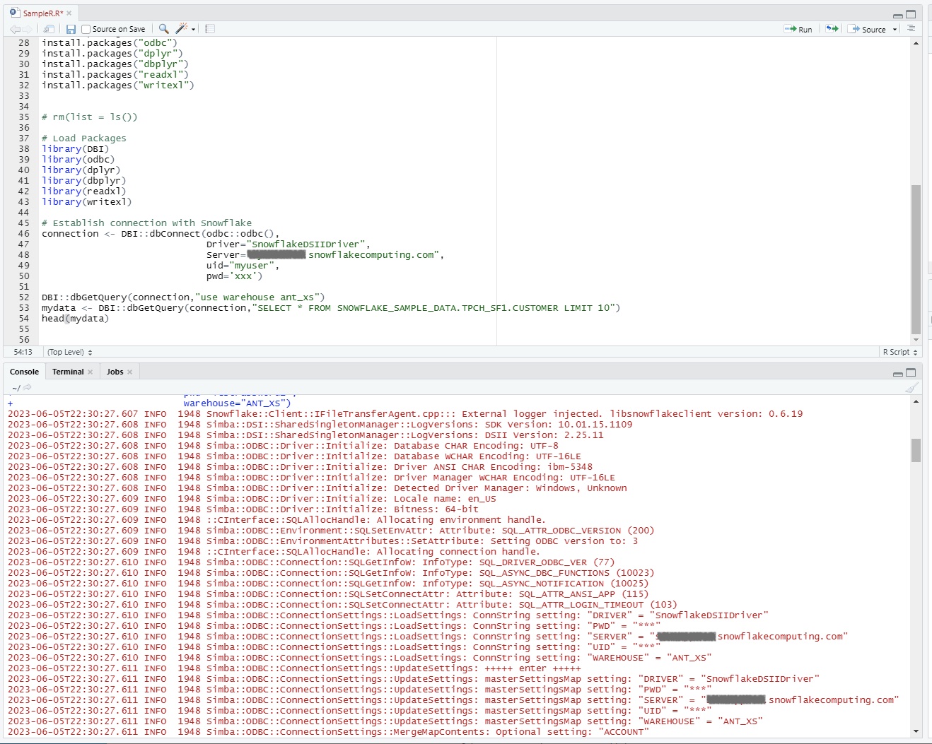 ODBC log activity showing in RStudio Console window