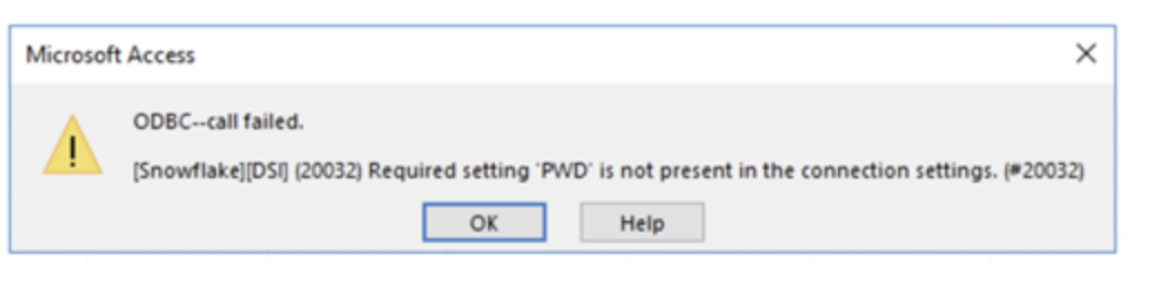 ERROR: "[Snowflake][DSI] (20032) Required setting 'PWD' is not present in the connection ...