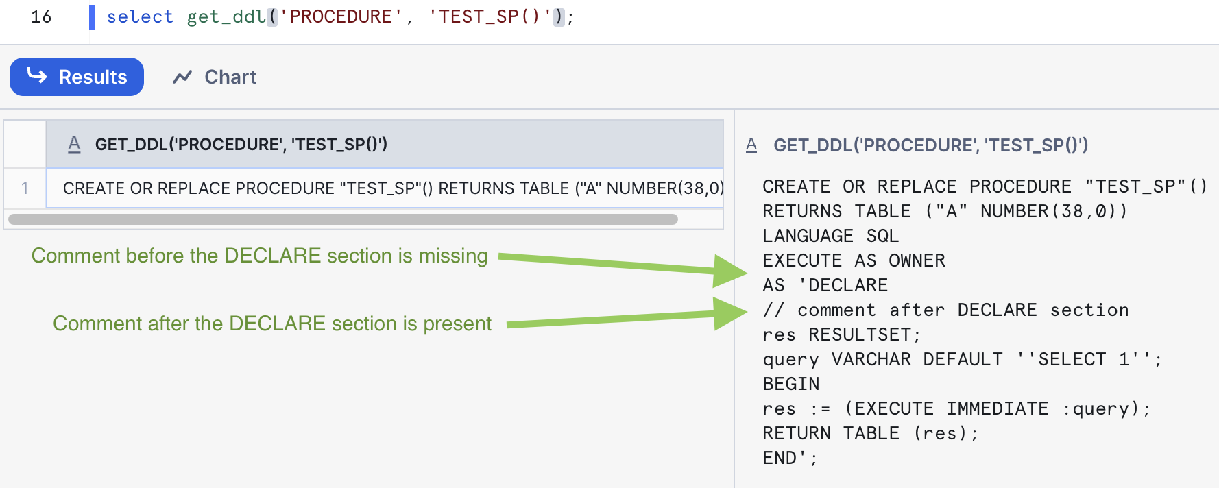 Comments Before The Declare Section In A Stored Procedure Are Not Retained In Its Ddl