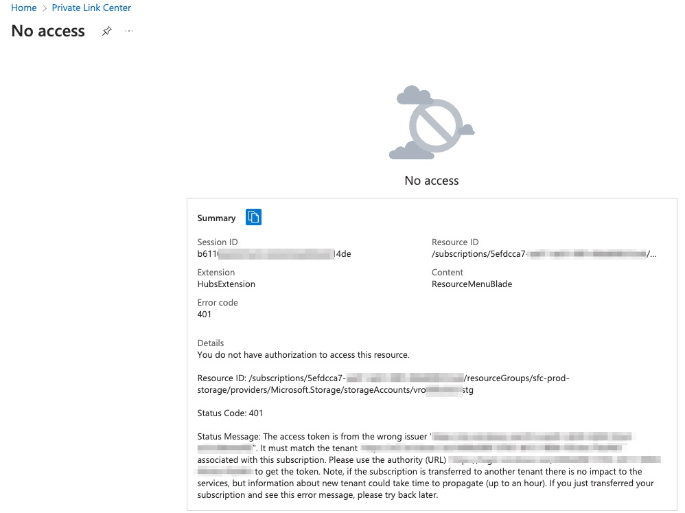 Error "No access" returned when clicking the Storage Account from an ...