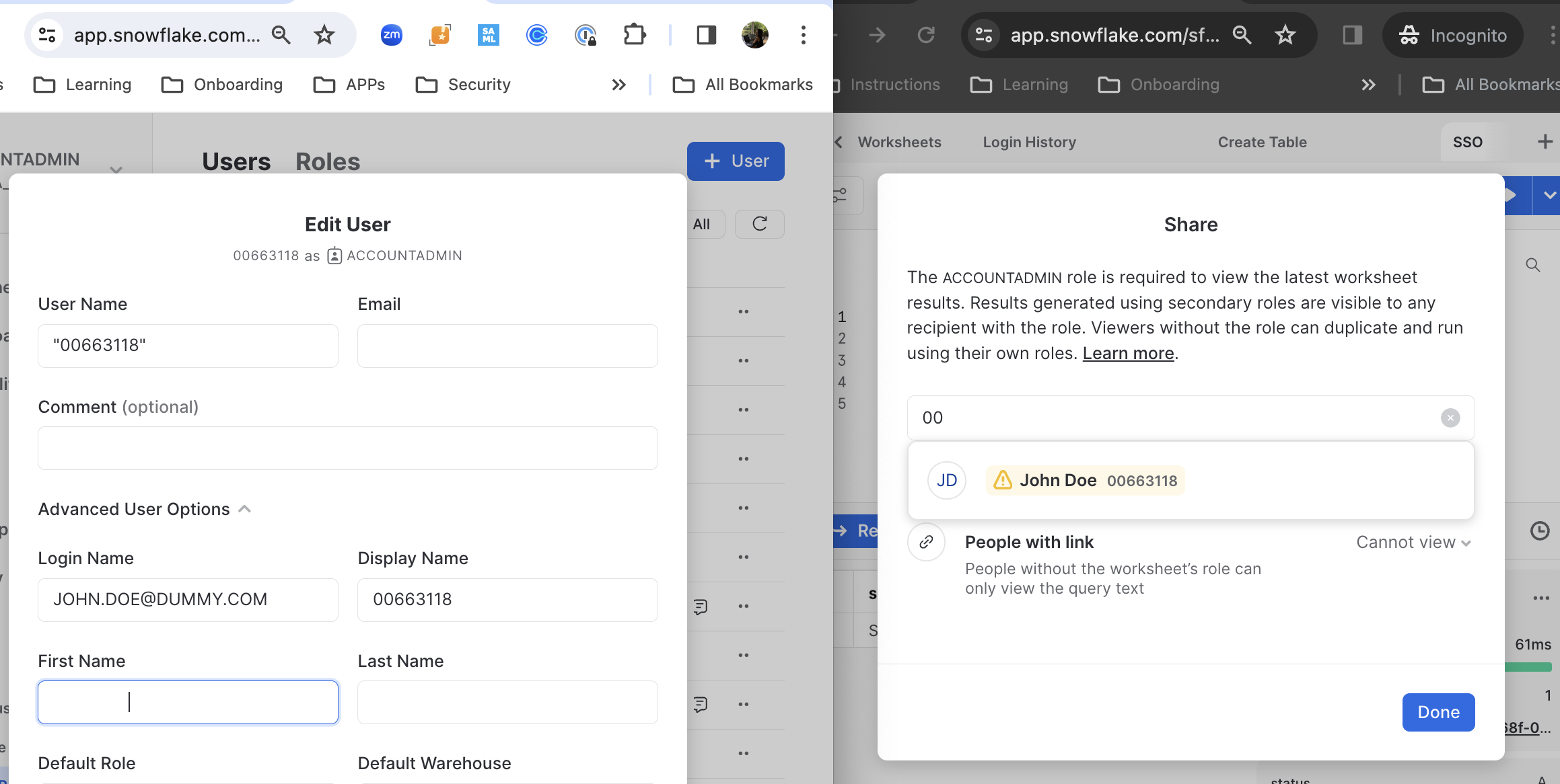 Snowsight shows outdated user's details when sharing a worksheet to them