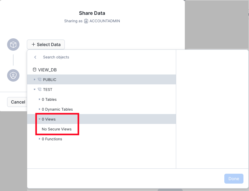 VIEW(S) not displayed in object explorer when creating a Direct Share ...