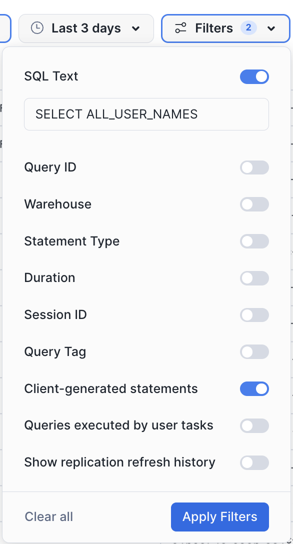 Snowsight's Query History's users filter stuck in a loading state