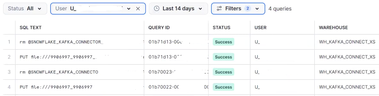 discrepancy records in query history with warehouse filter