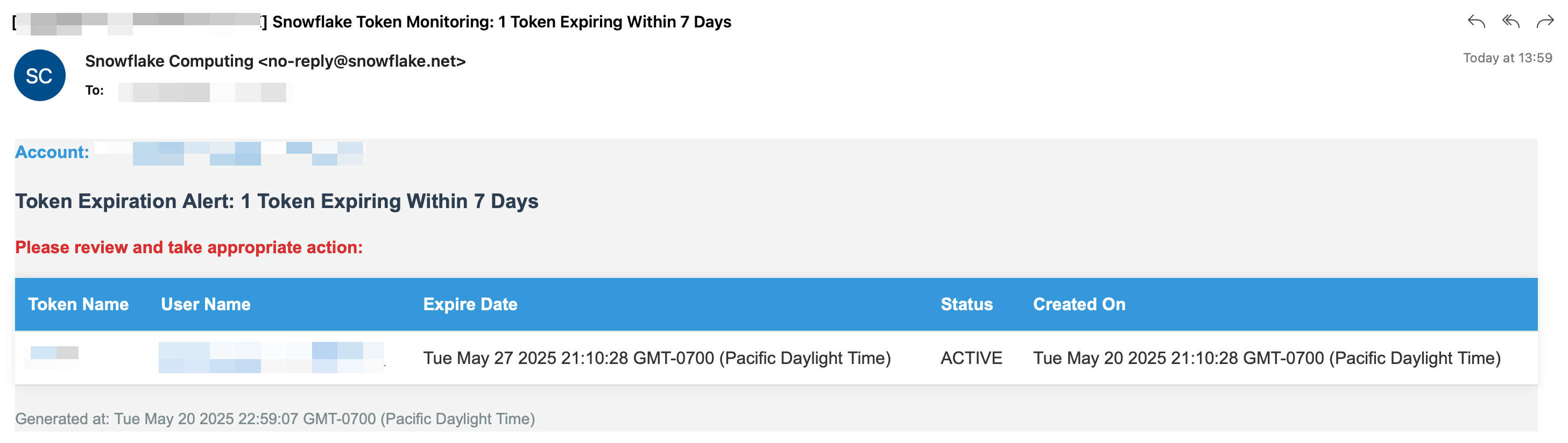 Configure email notifications for expiring Programmatic Access Tokens in Snowflake
