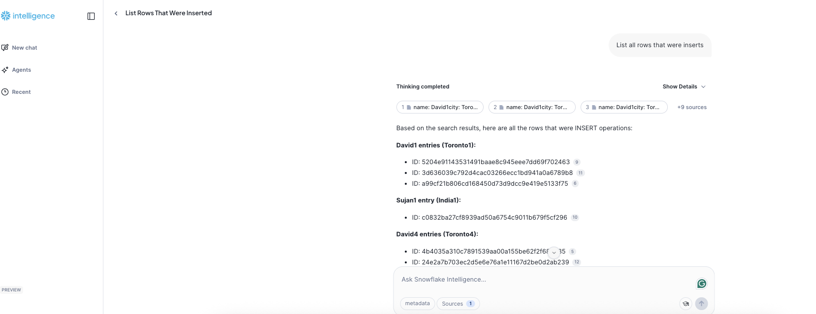 Using Cortex Agent with Metadata columns in Snowflake Intelligence